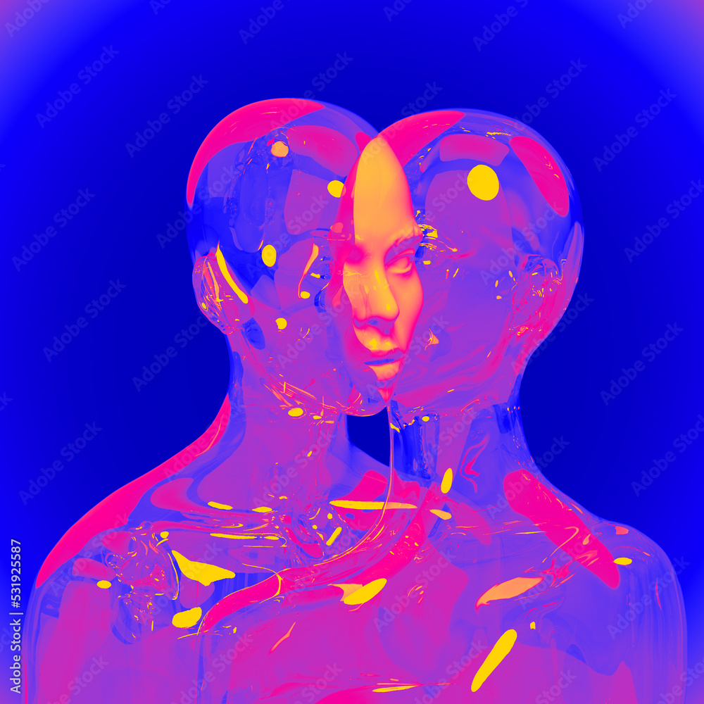 Abstract illustration from 3D rendering of 2 transparent glass figures ...