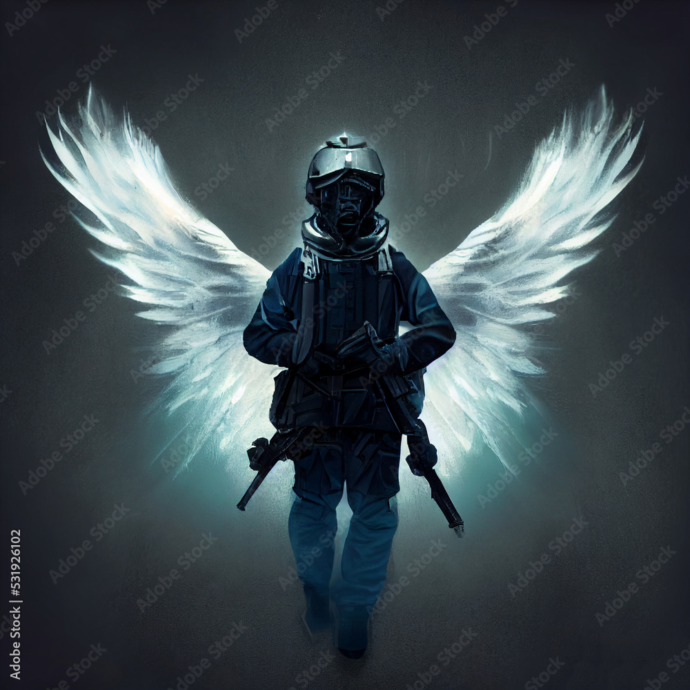 Warrior of Light. Soldier Liberator. Warrior with machine gun and angel ...