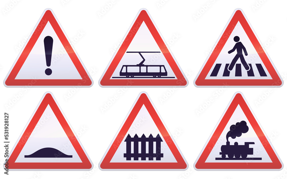Collection of white, red and black triangular signs of road hazards ...