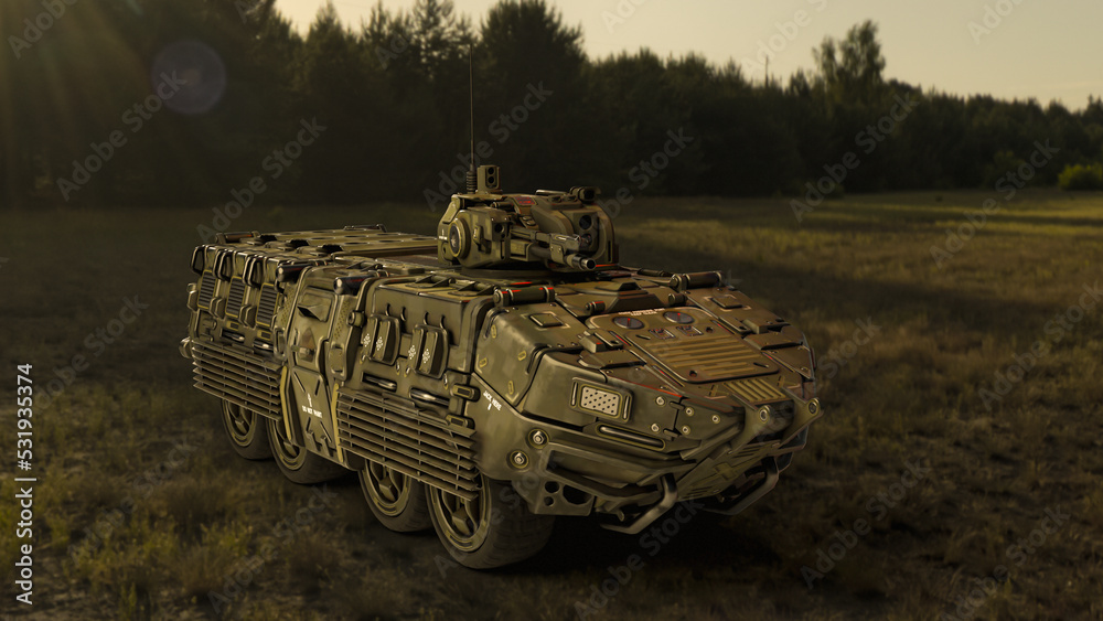 Tank waiting in the field. Ready for battle. World War III. 3d ...