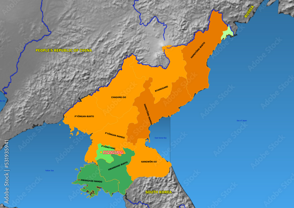 Administrative and political colored vector Map of North Korea with ...