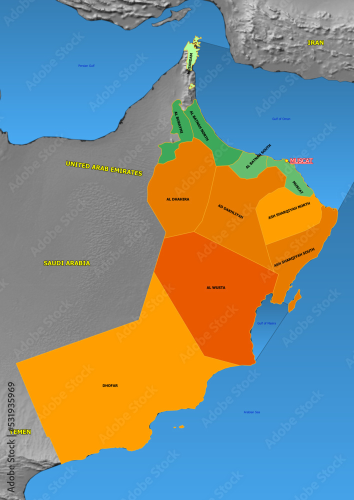 Administrative and political colored vector Map of Oman with colourful ...