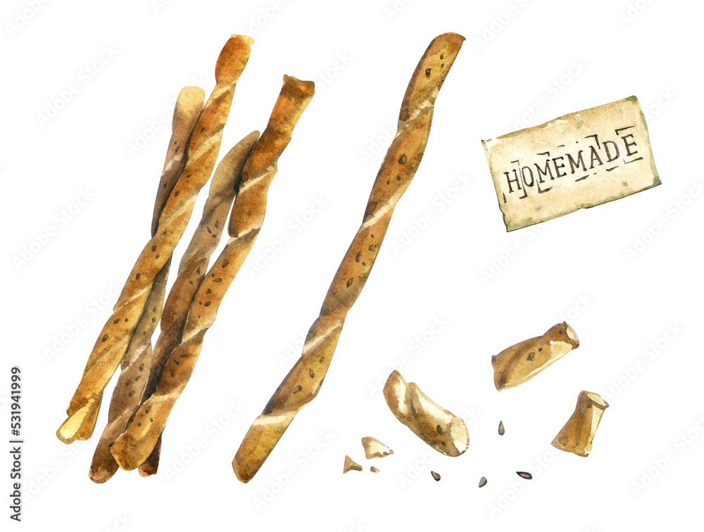 Bread sticks clip art. Watercolor illustration. Homemade cakes. For ...