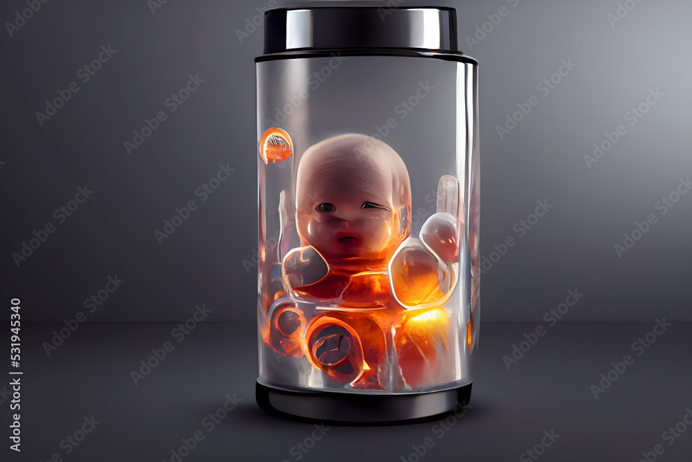 human baby embyo inside incubator breeding tank on gray background ...