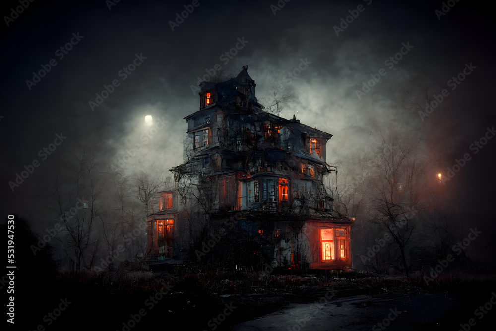 dark haunted house with illuminated windows at spooky misty dark ...