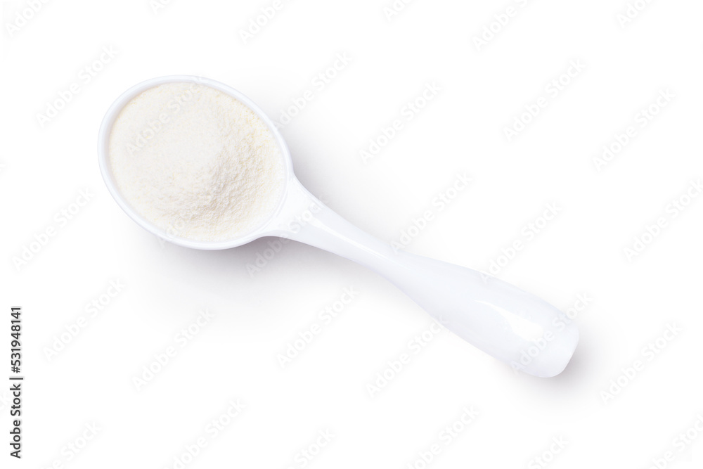 Collagen peptides powder in spoon isolated on white background. Natural ...