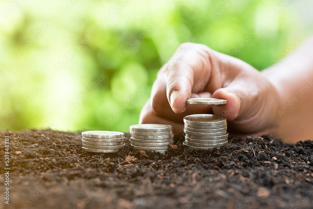 hand holding coin, stack of money on ground with nature background ...