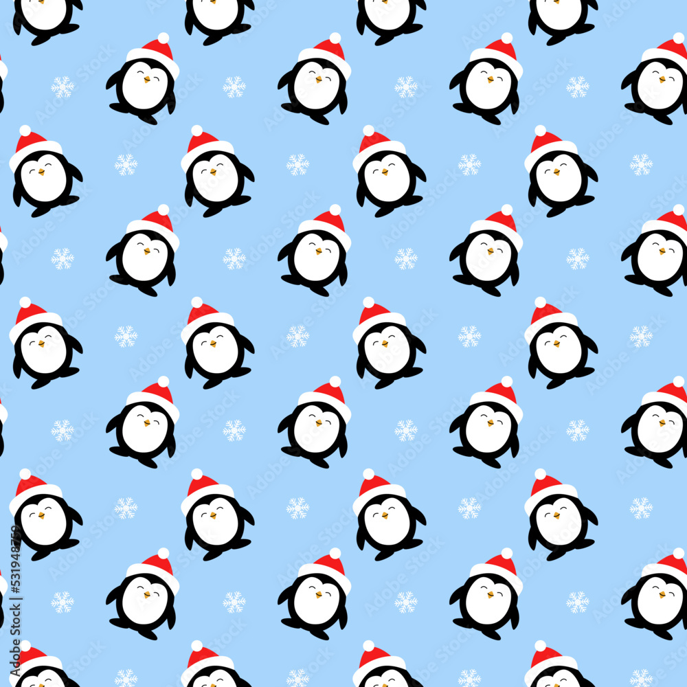 Seamless cute pattern, penguins and snowflakes. Penguin in red hat ...