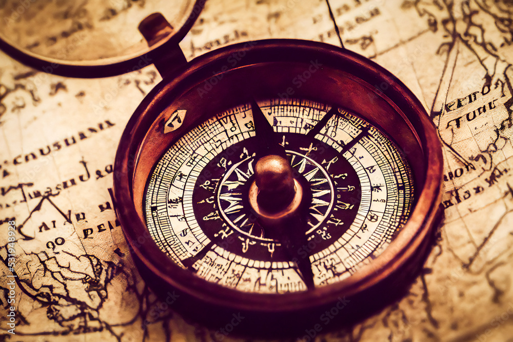 Close-up of an elegant wooden compass, a marine instrument placed on an ...