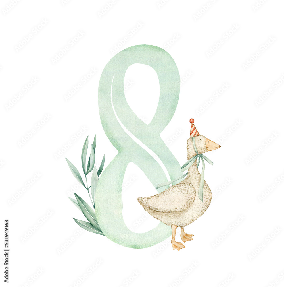 Watercolor illustration card with number 8, toy goose and branch ...