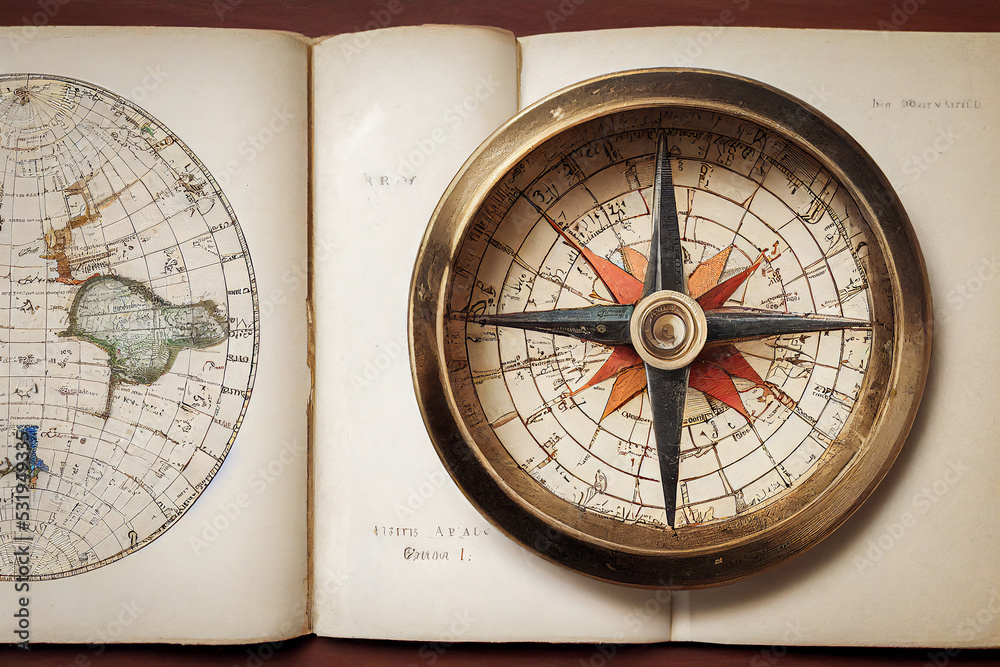 striking and dizzying drawing of an old vintage navy compass on a ...