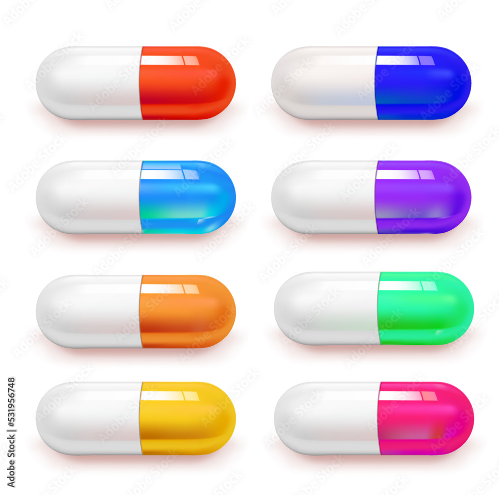 Vector realistic 3d different color medical pill icon set isolated on ...