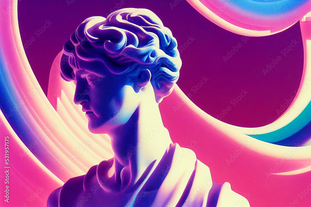 Greek god sculpture in retrowave city pop design, vaporwave style ...