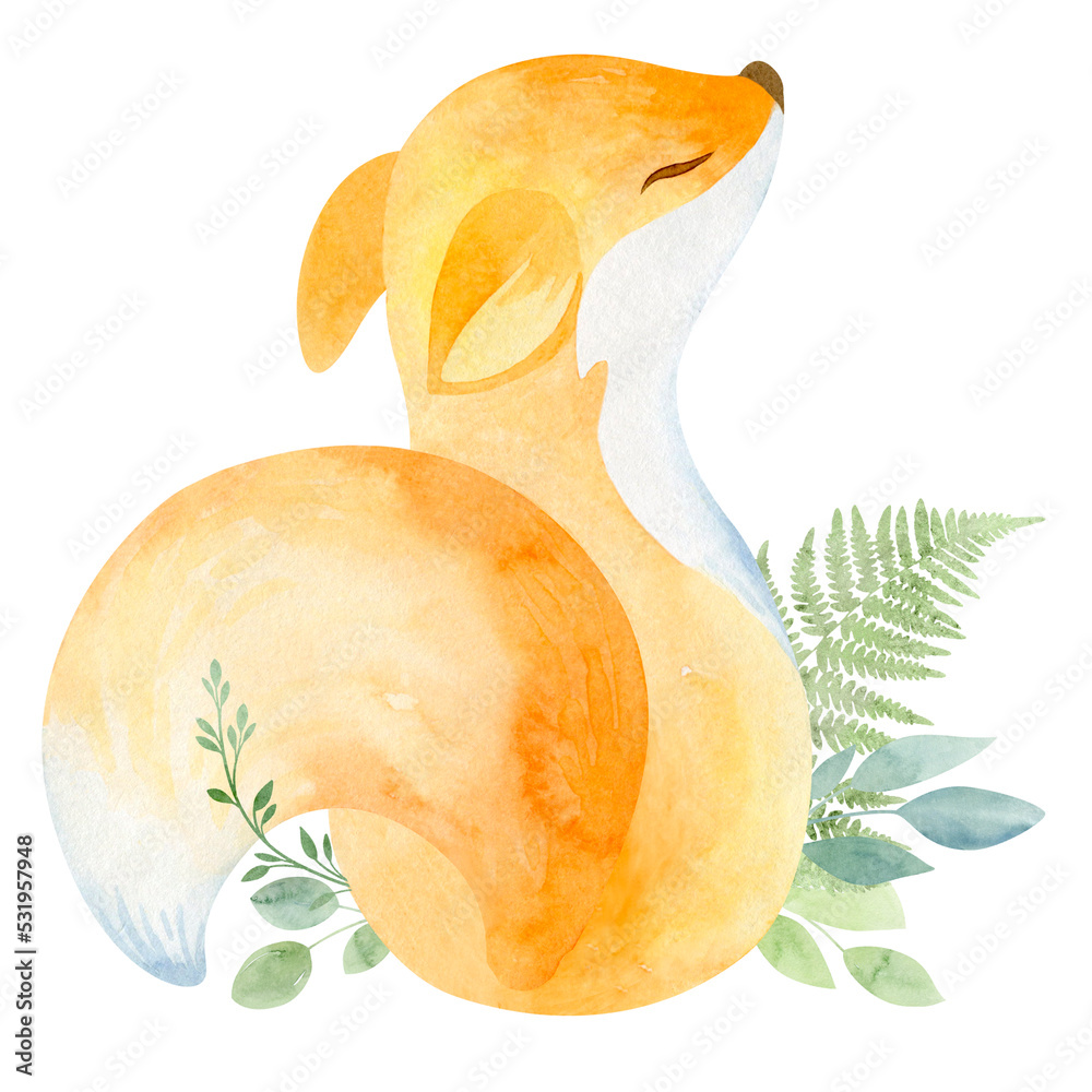 Cute cartoon fox with green plants. Funny red fox. Animal emotions ...