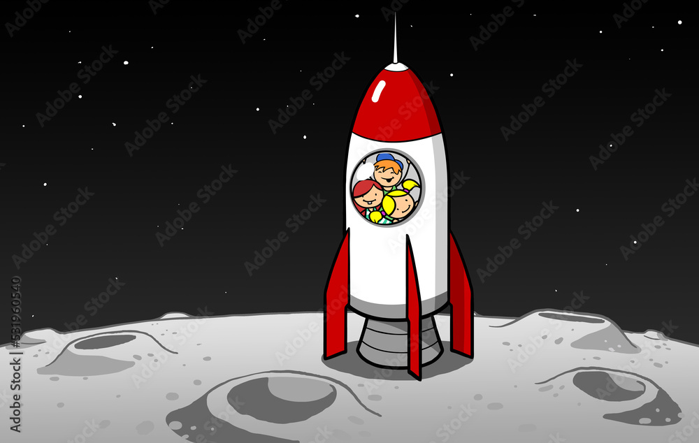 Group of kids in spaceship play moon landing Stock Illustration | Adobe ...