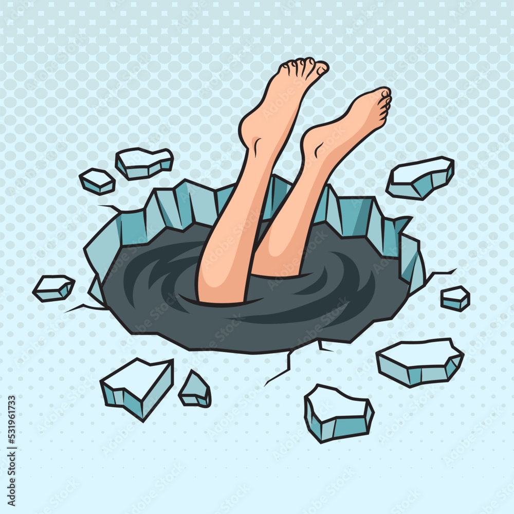 man dived into cold winter water in ice hole pinup pop art retro vector ...