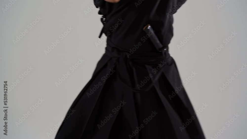 Japanese man traditional dress, black kimano katana samurai sword ...