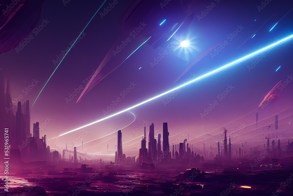 A digital illustration of a futuristic sci-fi city. Epic scenes with ...