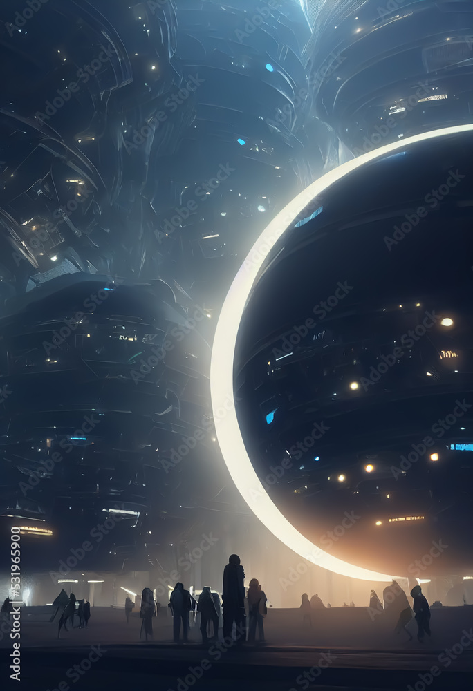 A digital illustration of a futuristic sci-fi city. Epic scenes with ...