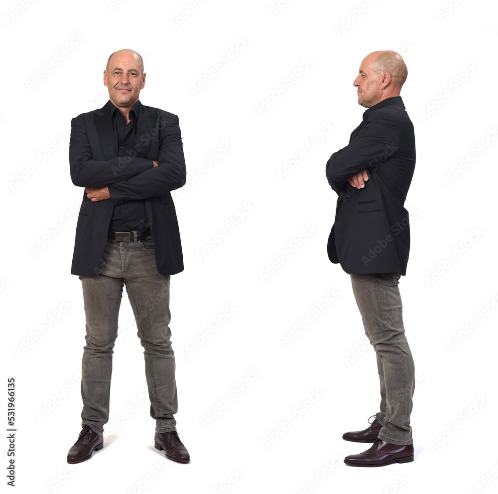 front and side view of same man standing on white background Stock ...