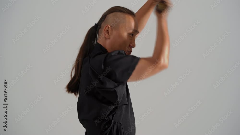 Japanese man traditional dress, black kimano katana samurai sword ...