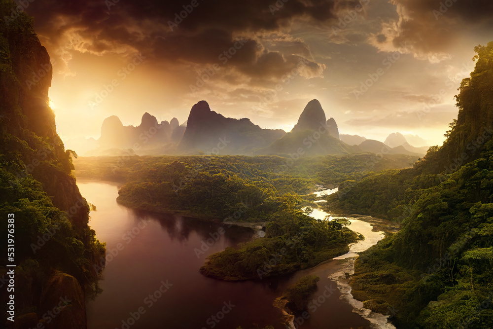 amazonas rainforest, tropical river, jungle landscape with sunset mood ...