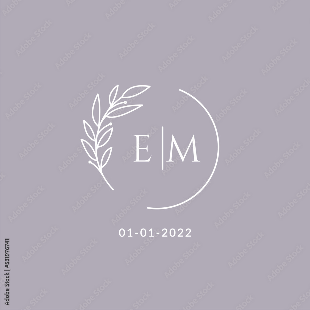 Initial monogram EM wedding logo with decorative floral frame Stock ...