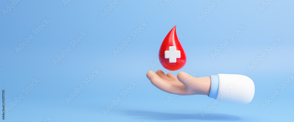 3D hand holding blood drop for blood donation, world blood donor day ...