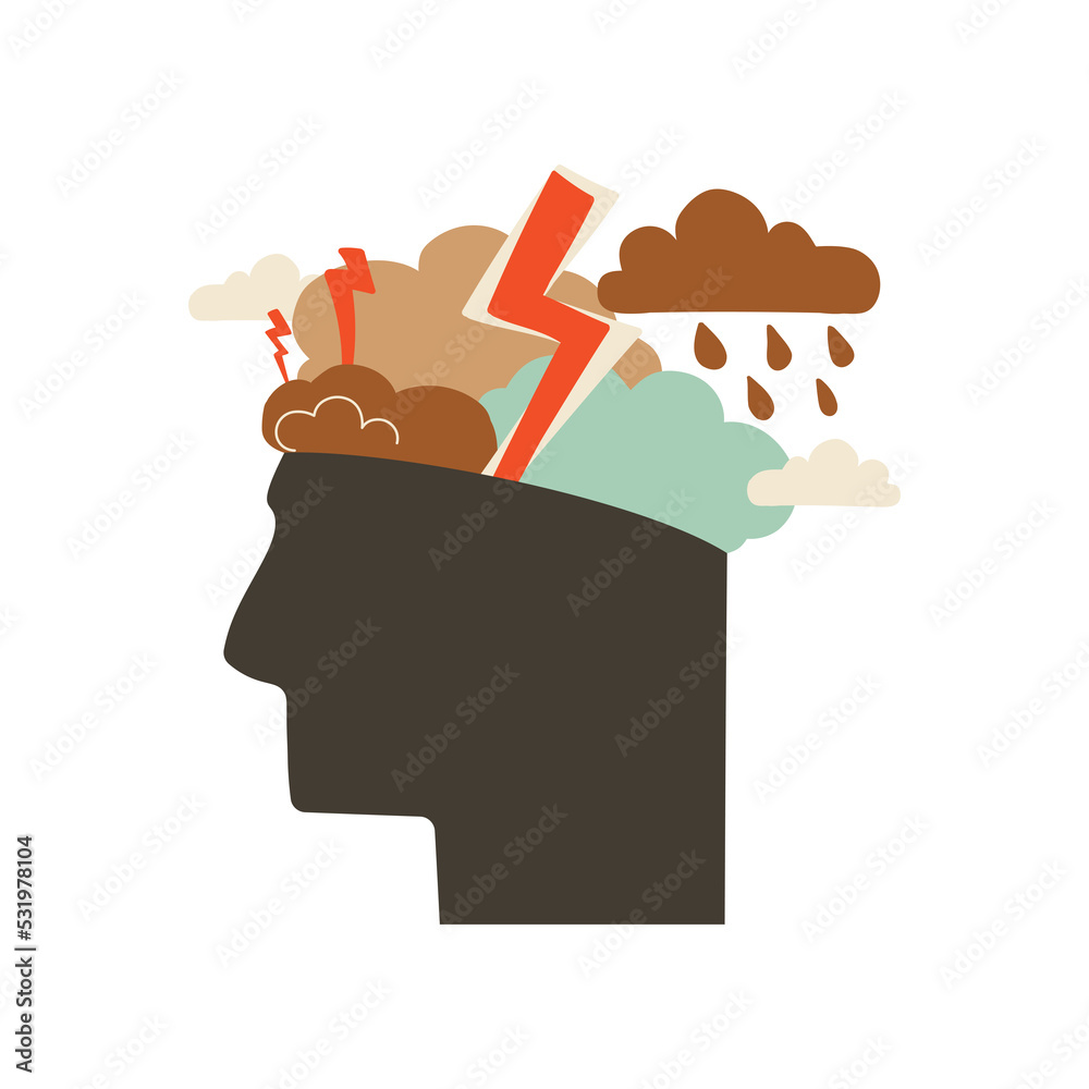 Mental Health. Human head with clouds, rain and lightning inside. Bad ...