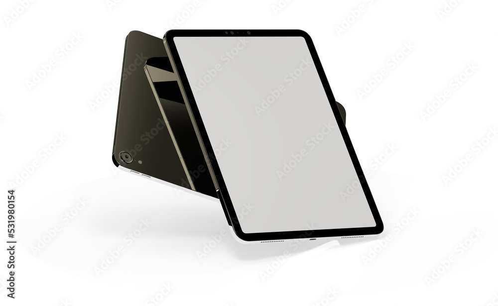 Blank screen realistic tablet frame, rotated position, side view, top ...