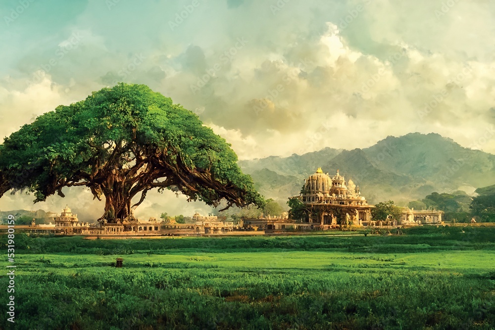 Landscape view, big bunyan tree, old building, digital art, city park ...