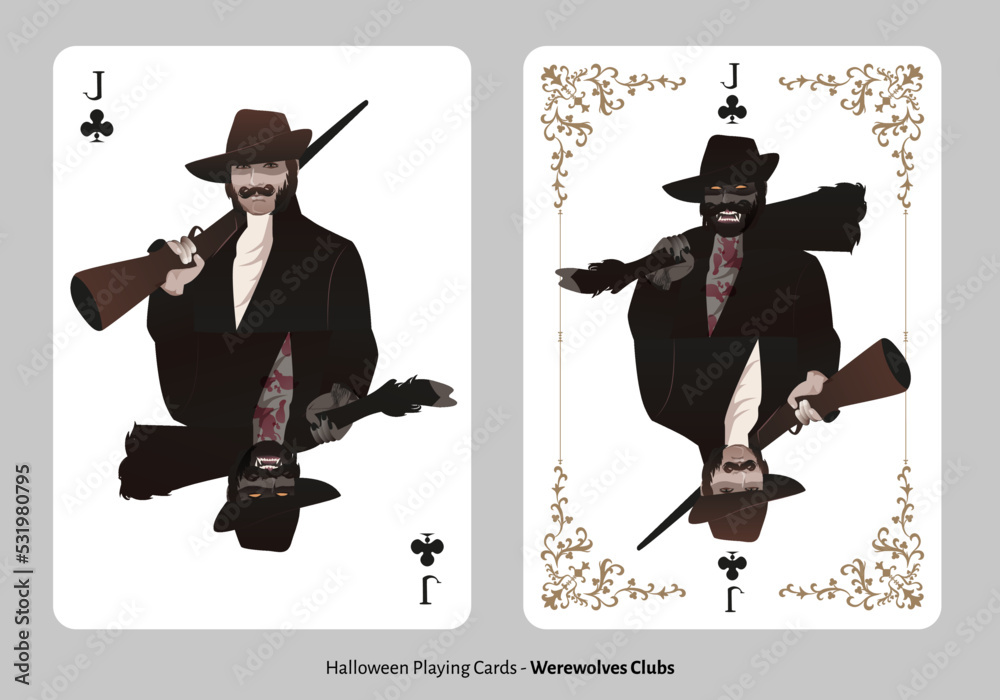 Halloween playing cards. Clubs Jack. Hunter with hat and mustache ...