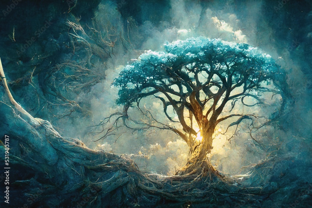 Tree with blue flowers, fantasy digital art, fairy tale world ...