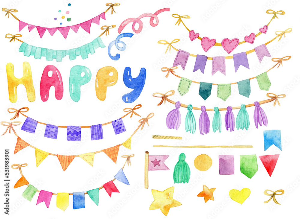 Birthday watercolor bunting banners, bunting flags set, 400 dpi png ...