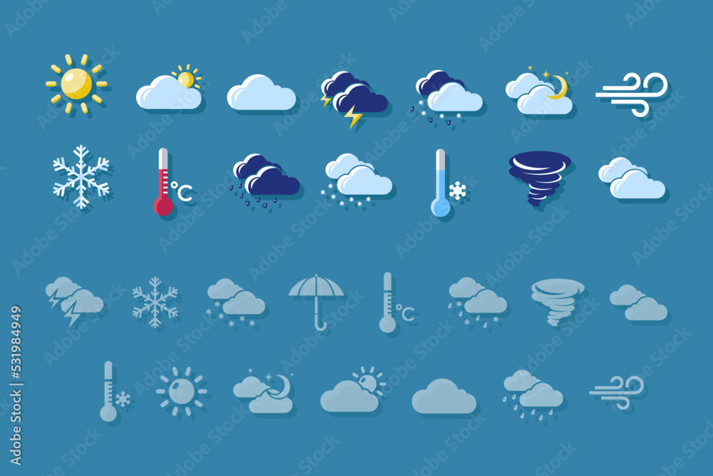 Vector modern weather icons collection. Set of Hand drawn cute weather ...