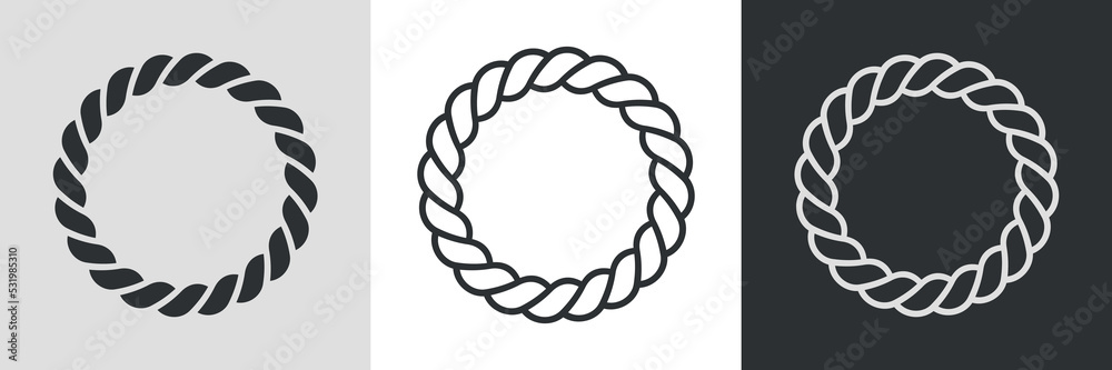 Rope round frames. Set of circle border cord silhouette, line art and ...