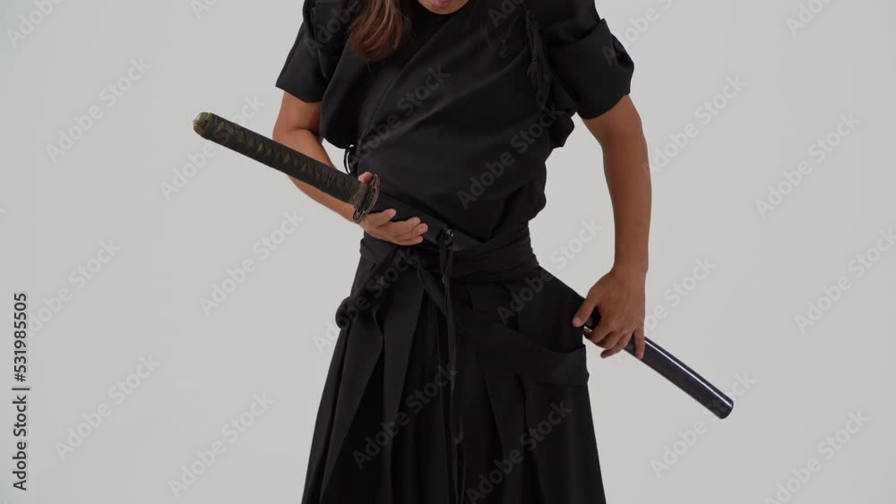 Japanese man traditional dress, black kimano katana samurai sword ...