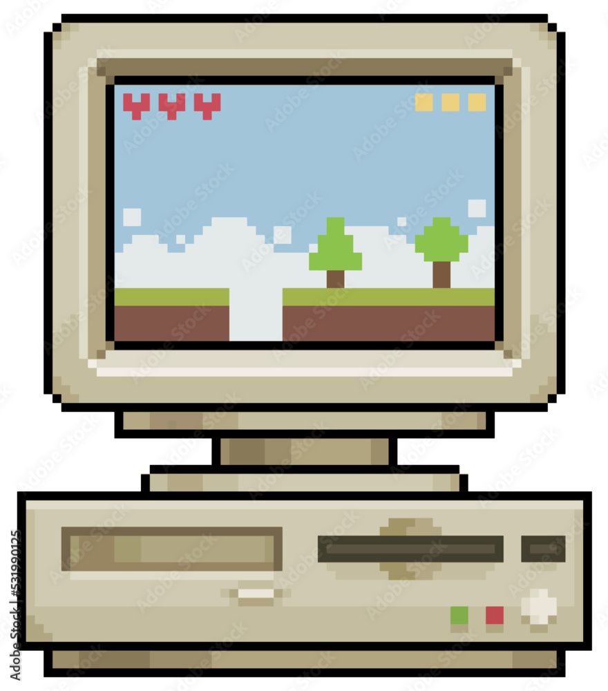 Pixel art old computer with retro 8 bit platform game vector icon for ...