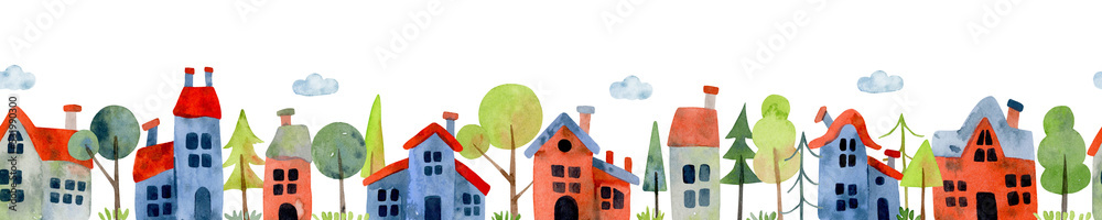 Colored houses and green trees, hand-painted in watercolor on a white ...