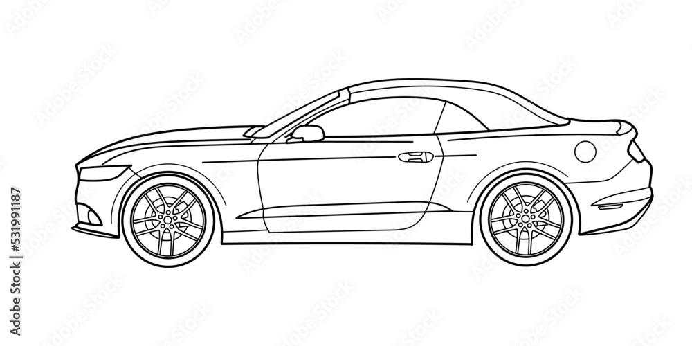 Outline drawing of a coupe convartable sport car from side view. Vector ...