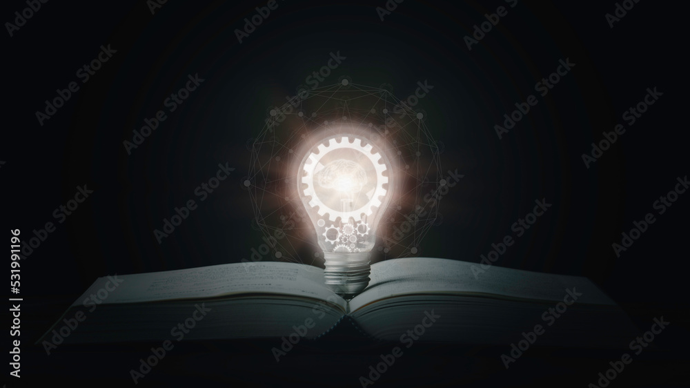 Glowing lightbulbs on the Book, Creative idea management, innovation ...