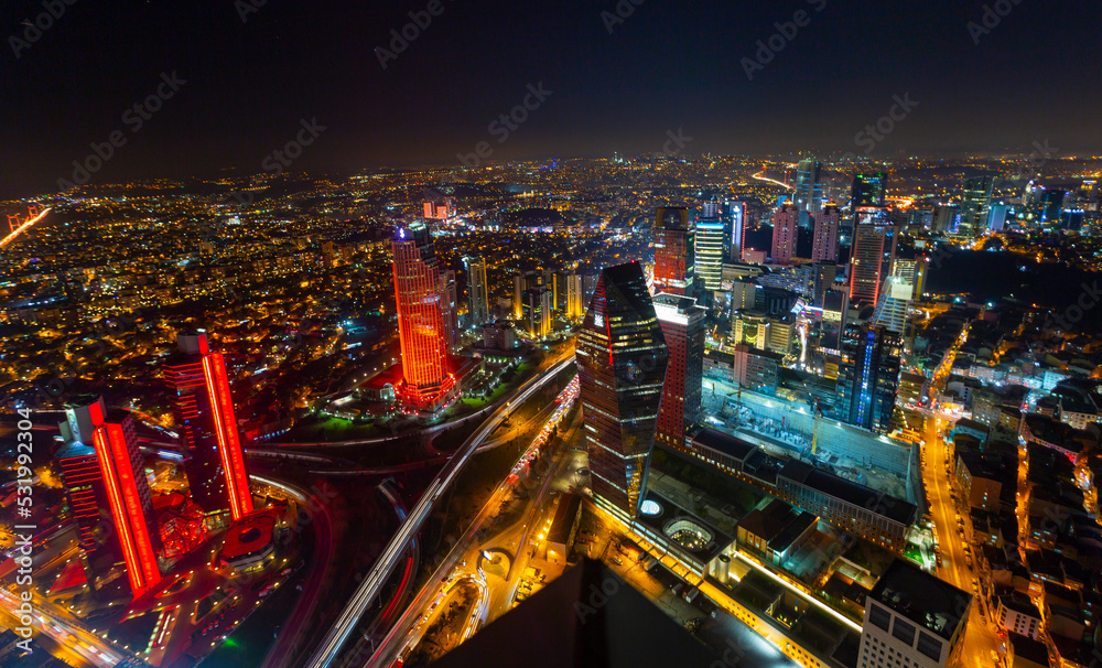 Istanbul City Night Aerial Image, Skyscrapers and Bosphorus Bridge ...