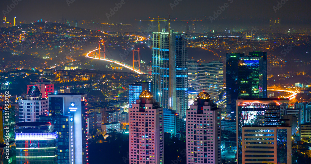Istanbul City Night Aerial Image, Skyscrapers and Bosphorus Bridge ...