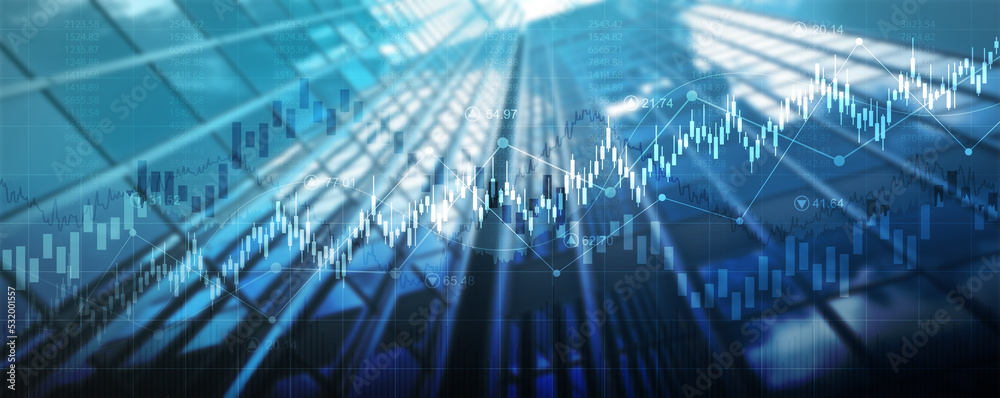 Double exposure Financial chart with graph of stock market and glass ...