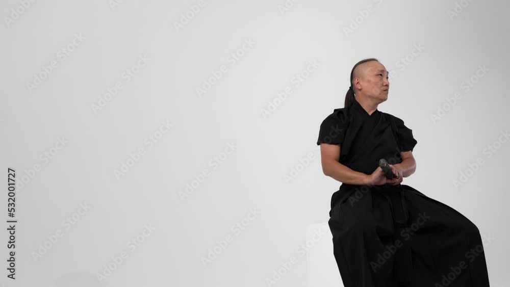 Japanese man traditional dress, black kimano katana samurai sword ...