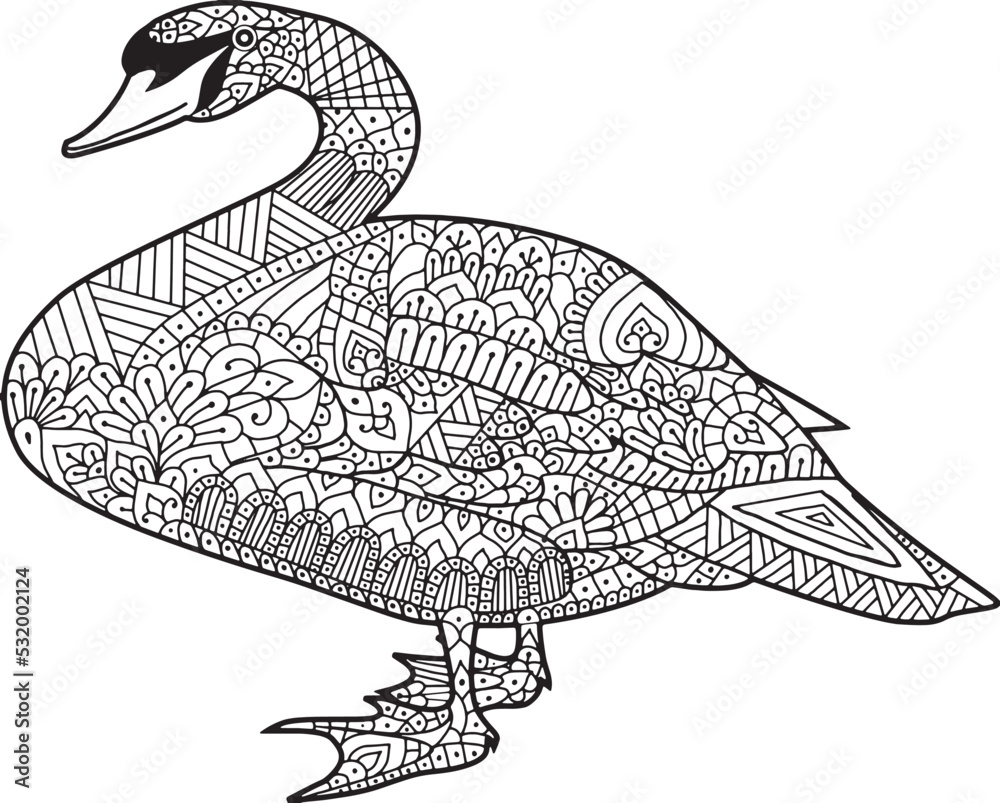 Swan Animal Mandala Coloring Page For Adult Coloring Book. Hand Drawn ...