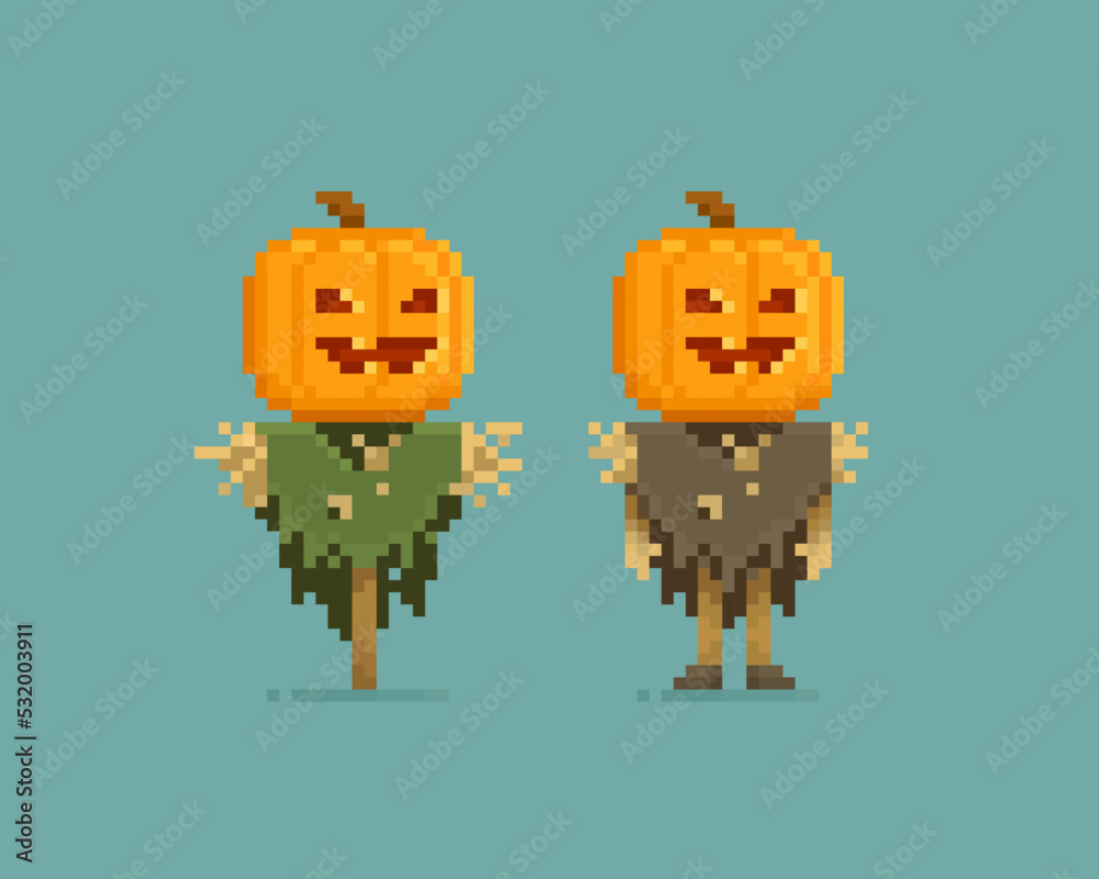 Vecteur Stock Pixel Art Scarecrow or Bogeyman with pumpkin head in 8 ...
