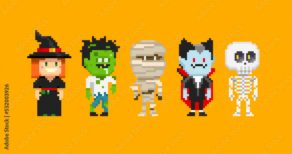 Pixel Art Halloween set of Mummy, Funny Witch, Zombie, Skeleton ...