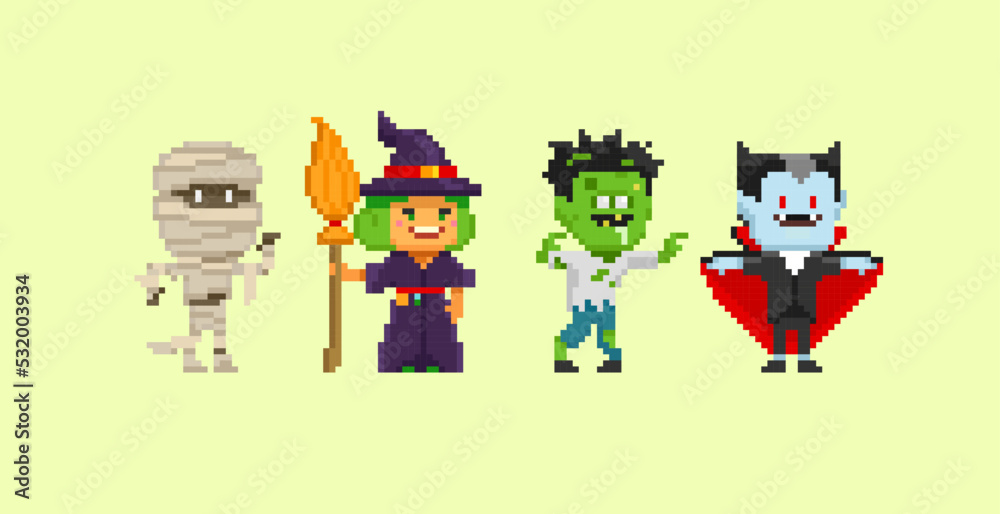 Pixel Art Halloween set of Mummy, Cute Witch, Zombie, Dracula vampire in 8-bit retro computer ...