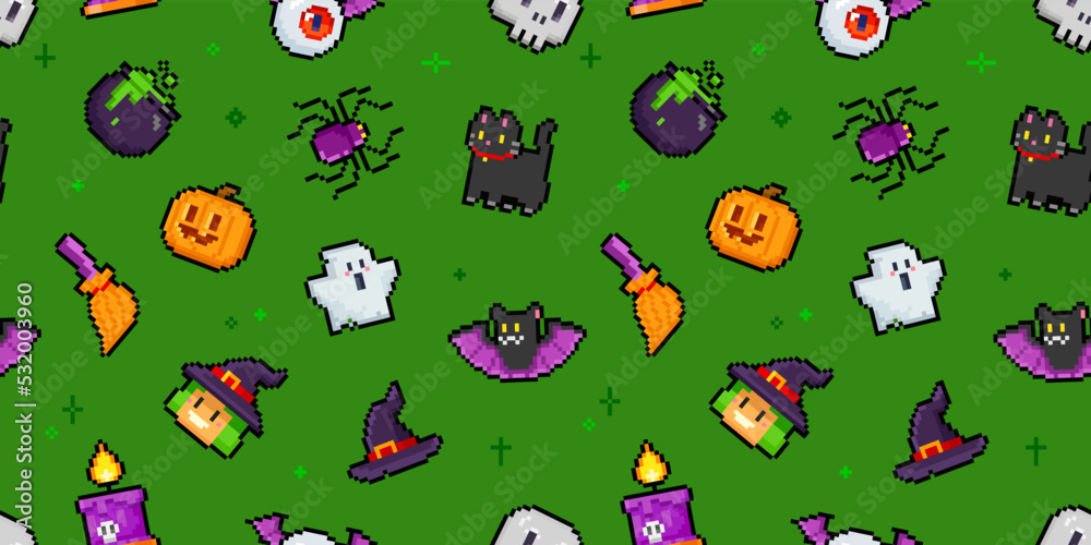 Pixel art green Halloween seamless pattern. 8-bit witch, ghost, pumpkin ...